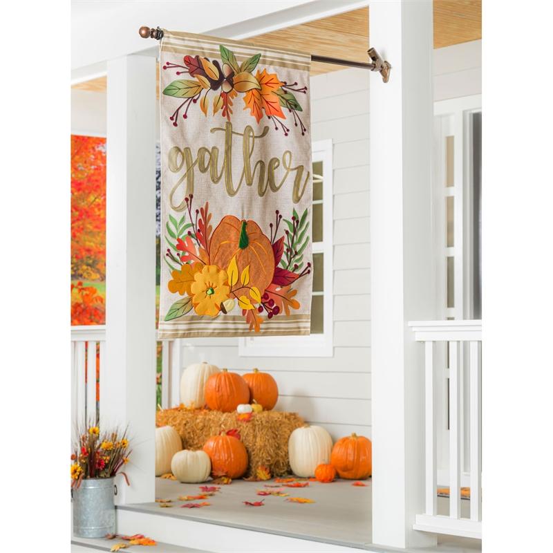 Burlap Autumn Floral and Pumpkin Gather House Flag - I AmEricas Flags