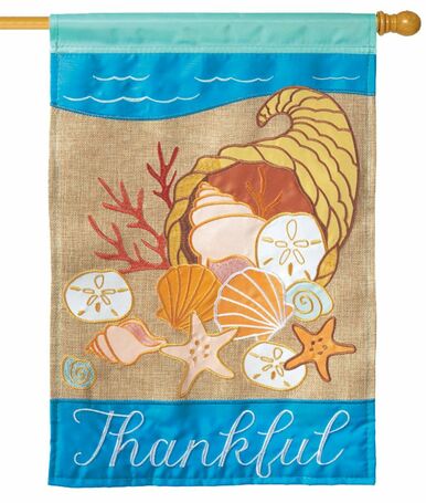 Burlap Coastal Thanksgiving Double Applique House Flag - I AmEricas Flags