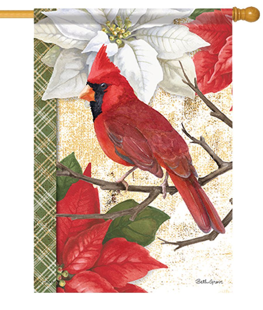 Christmas Cardinal and Poinsettias House Flag - I AmEricas Flags