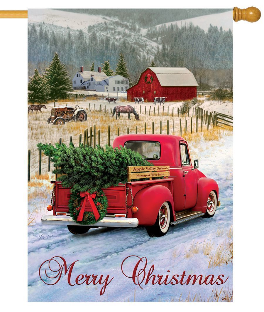Red Pickup Truck Merry Christmas Farm House Flag - I AmEricas Flags