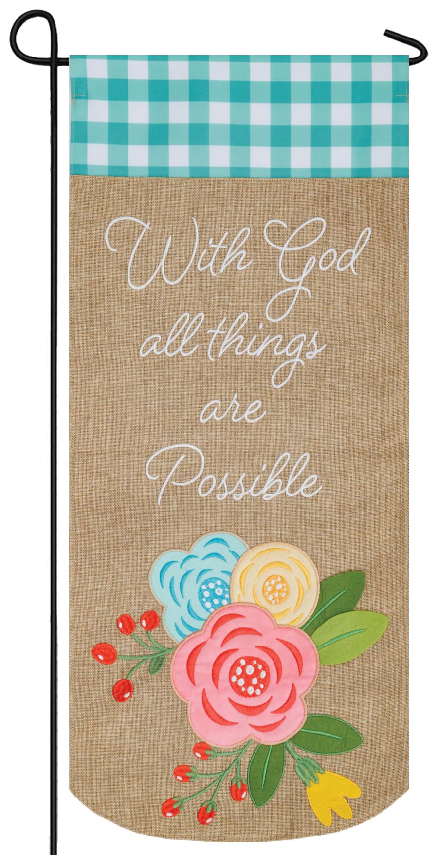 Burlap With God All Things Applique Garden Banner - I AmEricas Flags