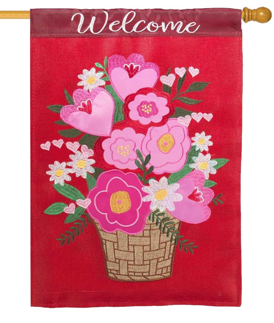 Burlap Heart Flower Basket Double Applique House Flag - I AmEricas Flags