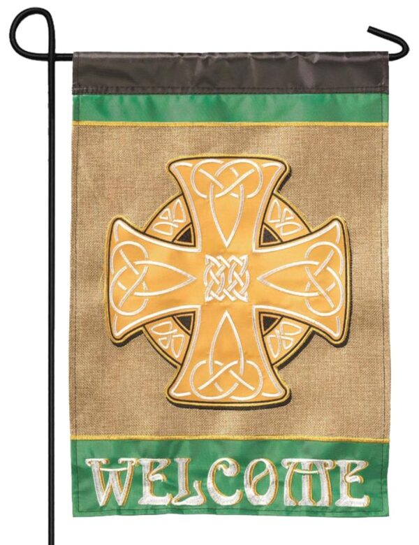 Burlap Welcome Celtic Cross Double Applique Garden Flag - I AmEricas Flags