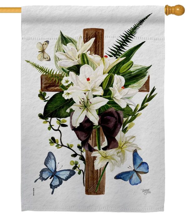 Cross with Lillies Sublimated House Flag - I AmEricas Flags