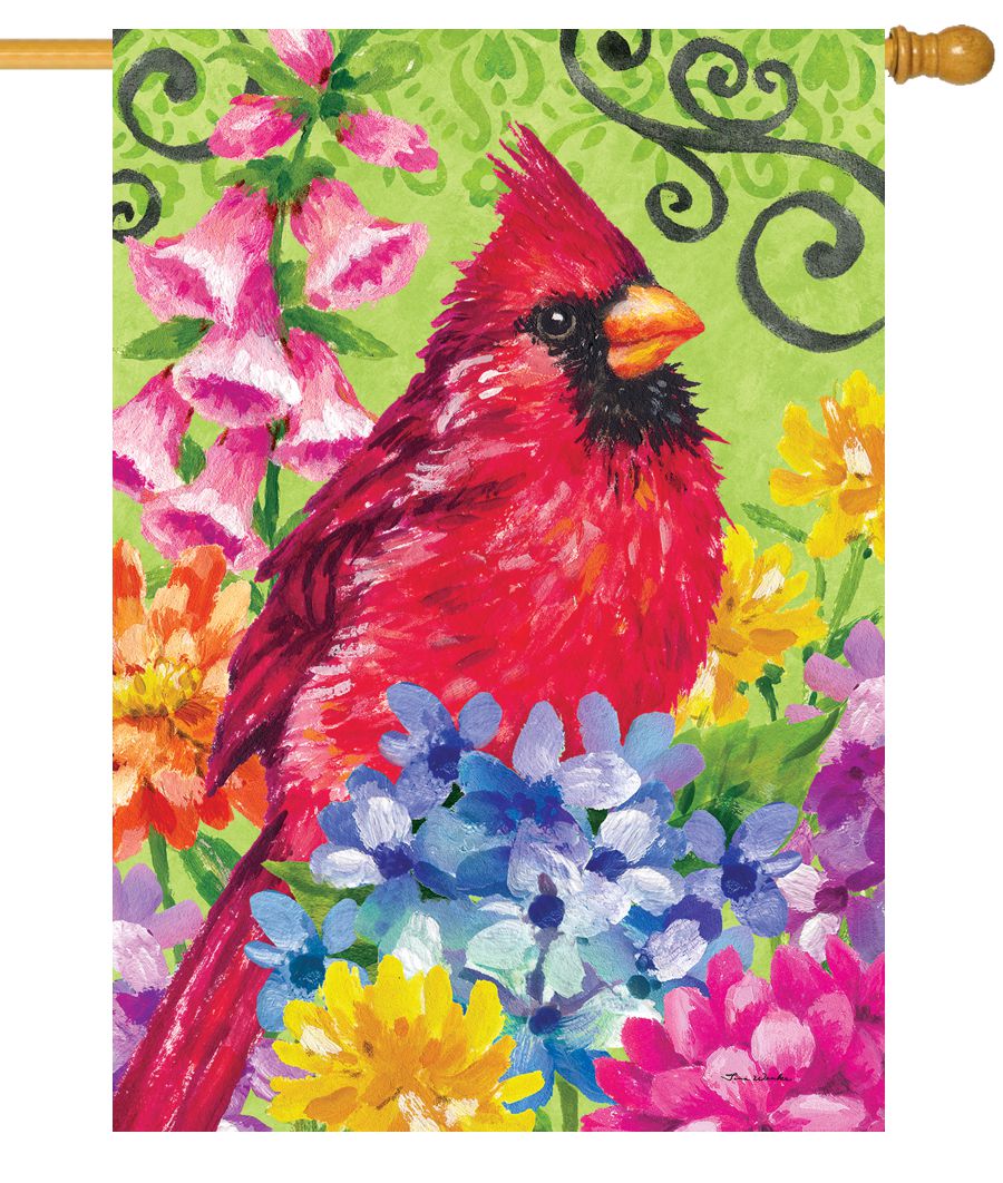 Cardinal with Flowers House Flag - I AmEricas Flags